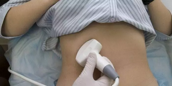 Flickan gör ultraljud av levern
