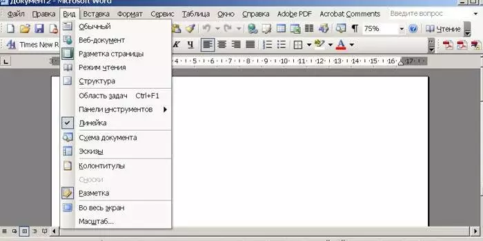 Прозорец MS Word 2003