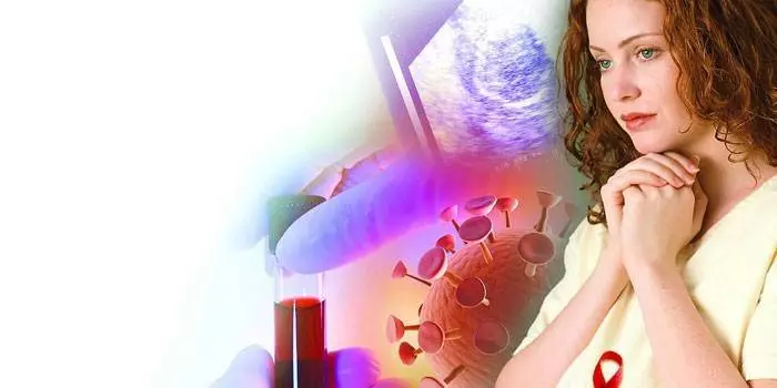 युवा लड़की, रक्त के साथ टेस्ट ट्यूब, वायरस मॉडल और अल्ट्रासाउंड स्क्रीन