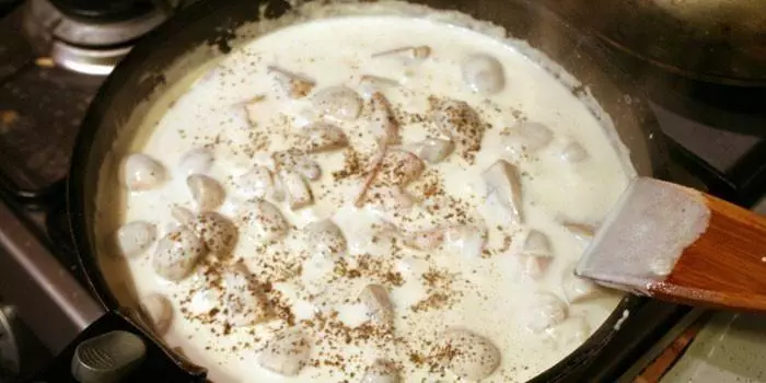 Darab csirke filé tejszínben egy serpenyőben