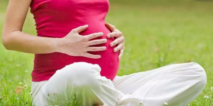 잔디에 앉아 임신한 여자