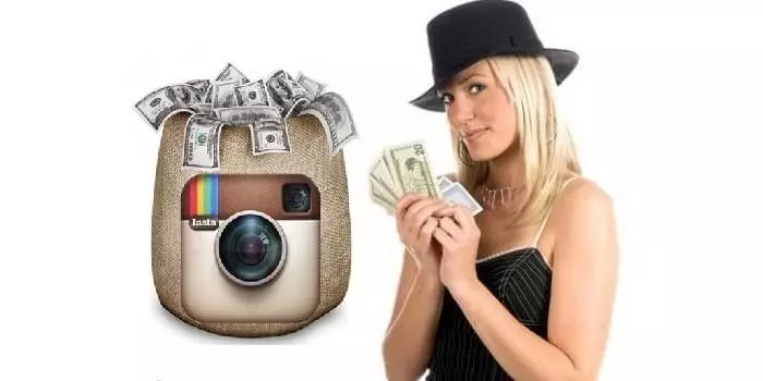 Geldsak met Instagram -logo en meisie met geld in hande