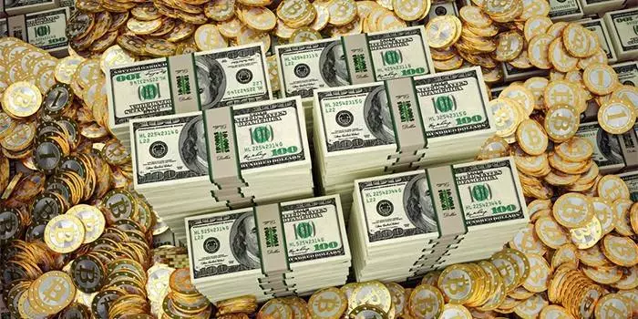 Монети од биткоин и пакети долари