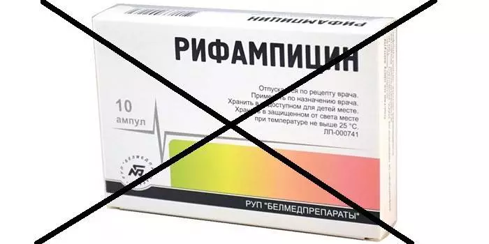 Den överstrukna bilden av förpackningen av läkemedlet Rifampicin