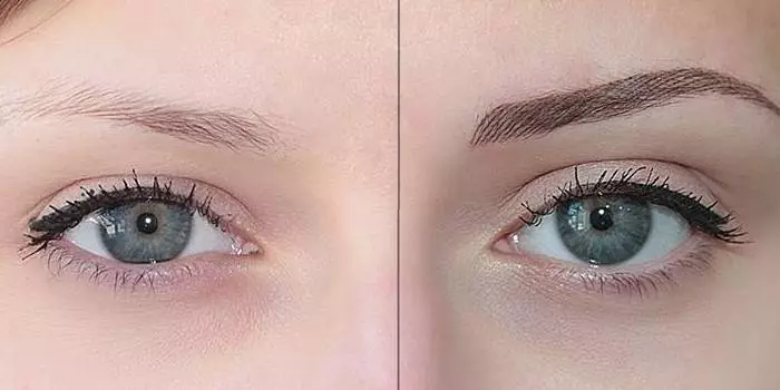 Ojos de niña antes y después del maquillaje permanente de cejas