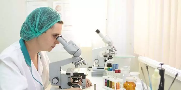 O médico mira a través do microscopio