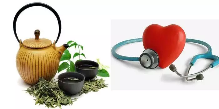 Teiera e tazze con tè verde, cuore in gomma e stetoscopio