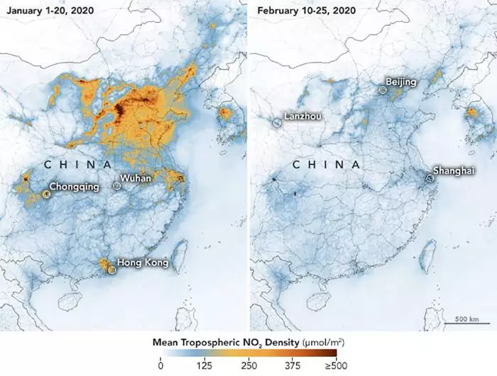 Kooldioxide-emissies boven China in januari en februari 2020