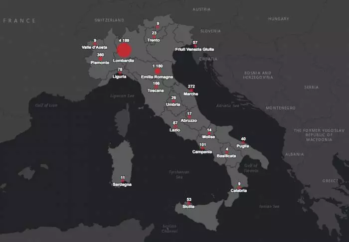 この地域におけるイタリアの感染した居住者の数